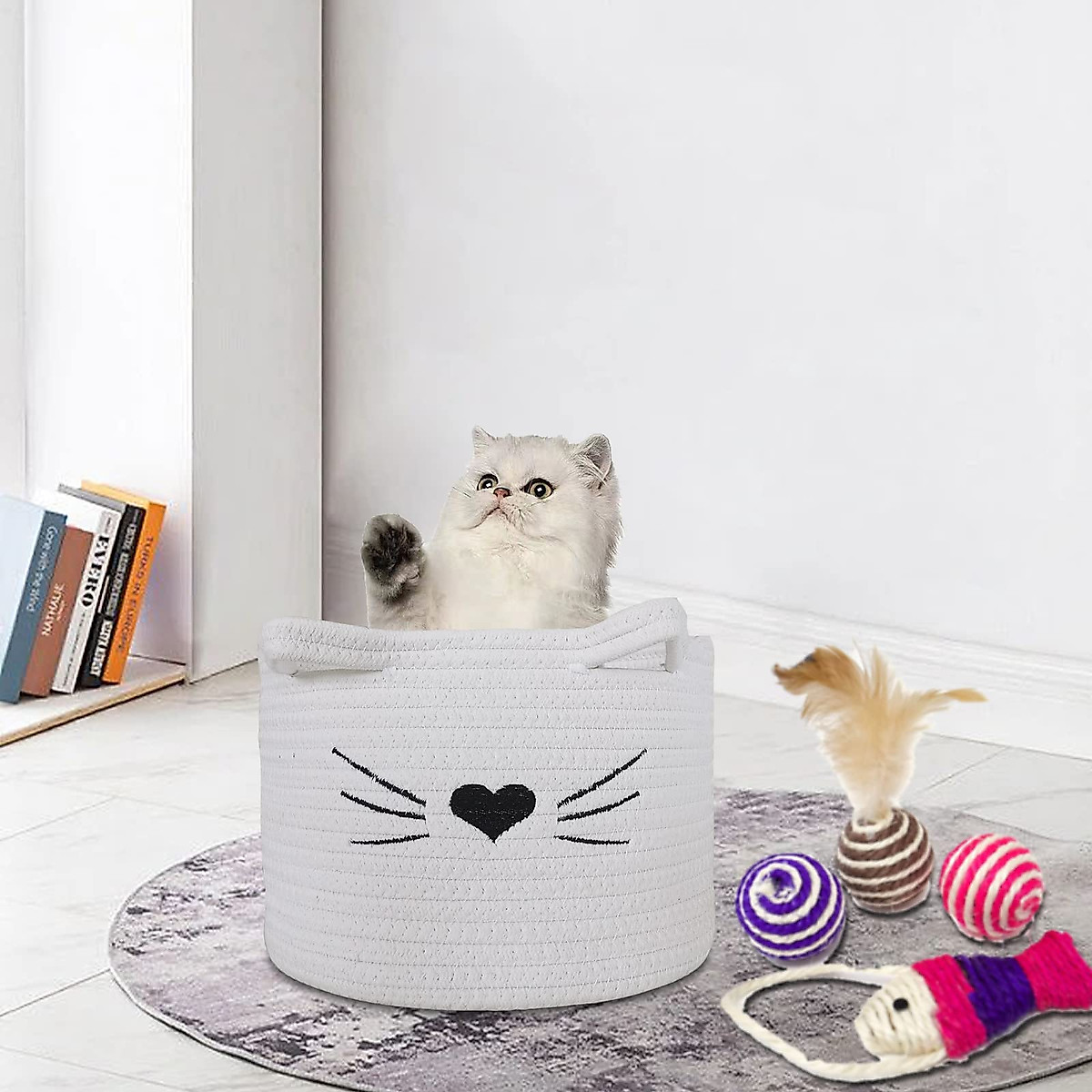 Small Woven Basket,Rope Storage Basket with Handle,Cute Cotton Basket for Nursery,Cat Dog Toy Storage Organizer Basket,Storage Bins for Toy Organizer