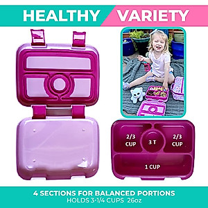 kinsho Bento Lunch Box with Insulated Bag and Water Bottle Set for Kids Toddlers, 4 Portion Sections, Removable Tray, Pre-School Girl Toddler Daycare Lunches, Snack Container, Pink Unicorn