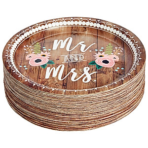BLUE PANDA 80-Count Wedding Paper Plates, Disposable Mr and Mrs Rustic-Style Reception, Bridal Shower, Country Wedding Decorations, Engagement Party Supplies (9 in) Bulk Pack