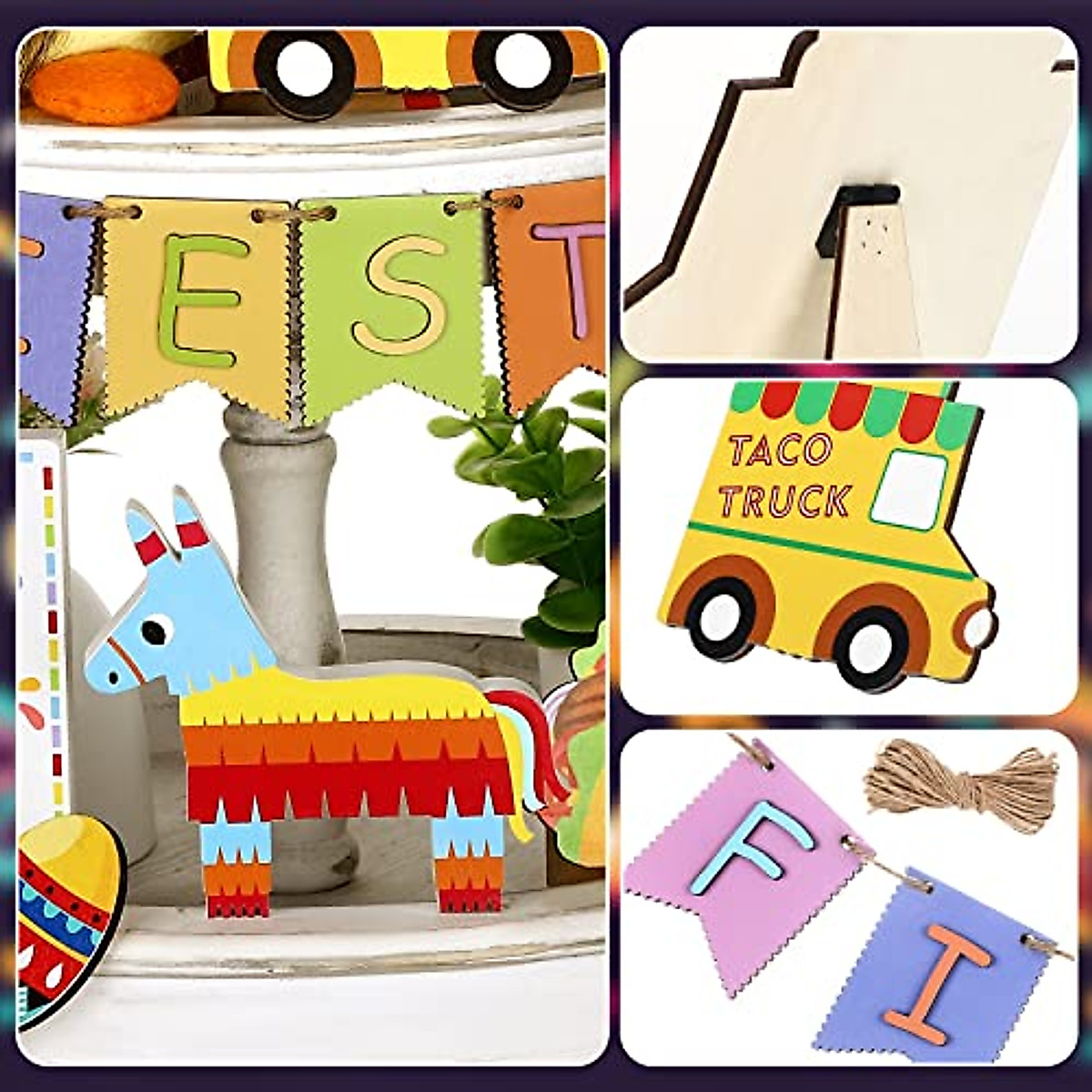 8 Pieces Cinco De Mayo Decorations Fiesta Party Decor Summer Tiered Tray Decor Taco Gnome Rustic Wooden Signs Serving Trays for Rustic Home Kitchen, Taco Style (Taco Style)