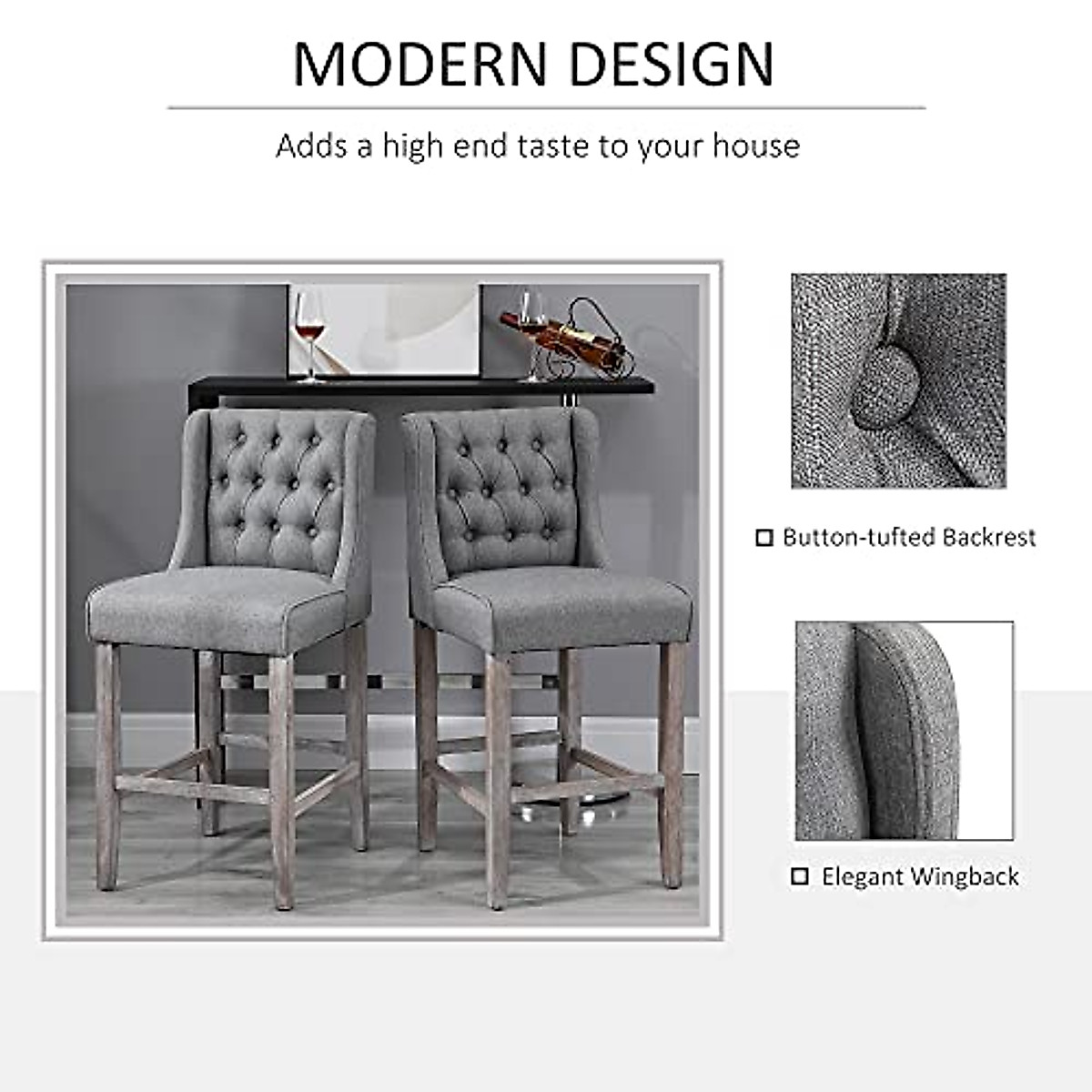 HOMCOM 26.25" Counter Height Bar Stools Set of 2, Tufted Wingback Armless Upholstered Dining Chair with Rubber Wood Legs, Grey