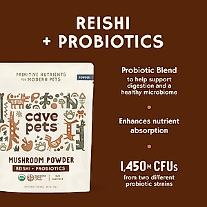 Cave Pets, Super Blend Powder, Mushroom Mycelium and Dog Probiotic Supplement for Immunity and Digestive Health Support, Reishi & Probiotics, 90 Servings