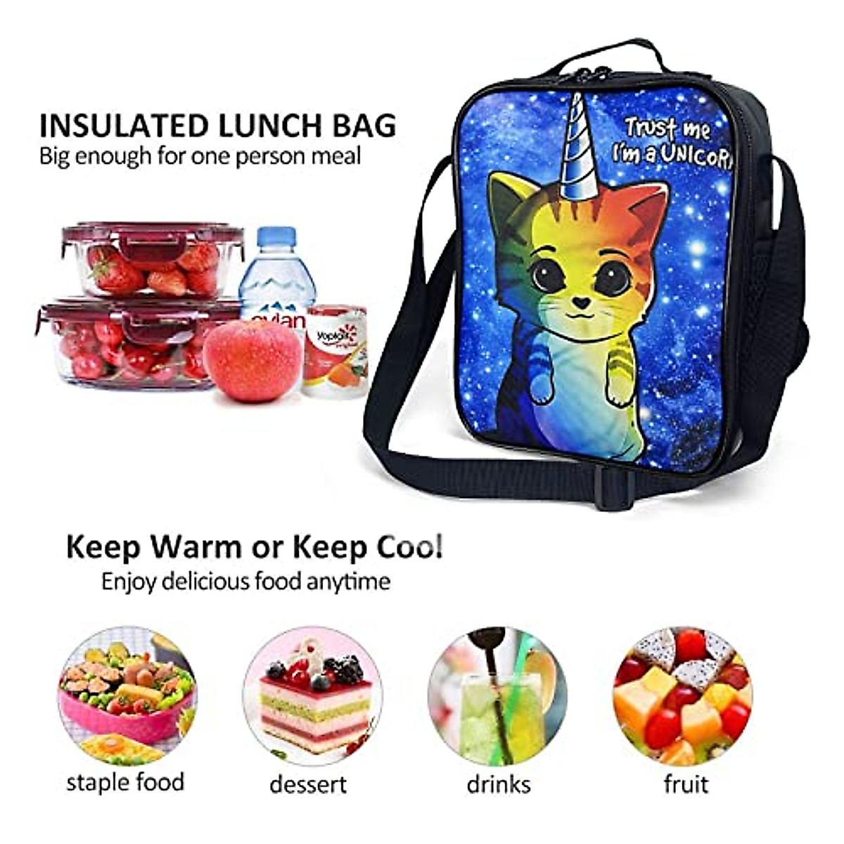 Insulated Lunch Bag for Kids, Boys Girls Lunch Box, Cute Cat Lunch Bag with Shoulder Strap, School Bento Lunch Box for Kids Toddlers Teens, Aesthetic Black Reusable Cooler Thermal Meal Tote Kit