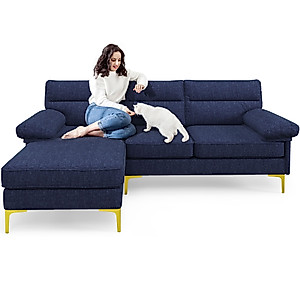 Sectional Couches for Living Room, Modern Chenille Convertible Sofa Bed L-Shaped Couch 3 Seats Sofas with Reversible Wide Chaise & Fluffy Armrests for Small Apartment Compact Spaces Dark Blue