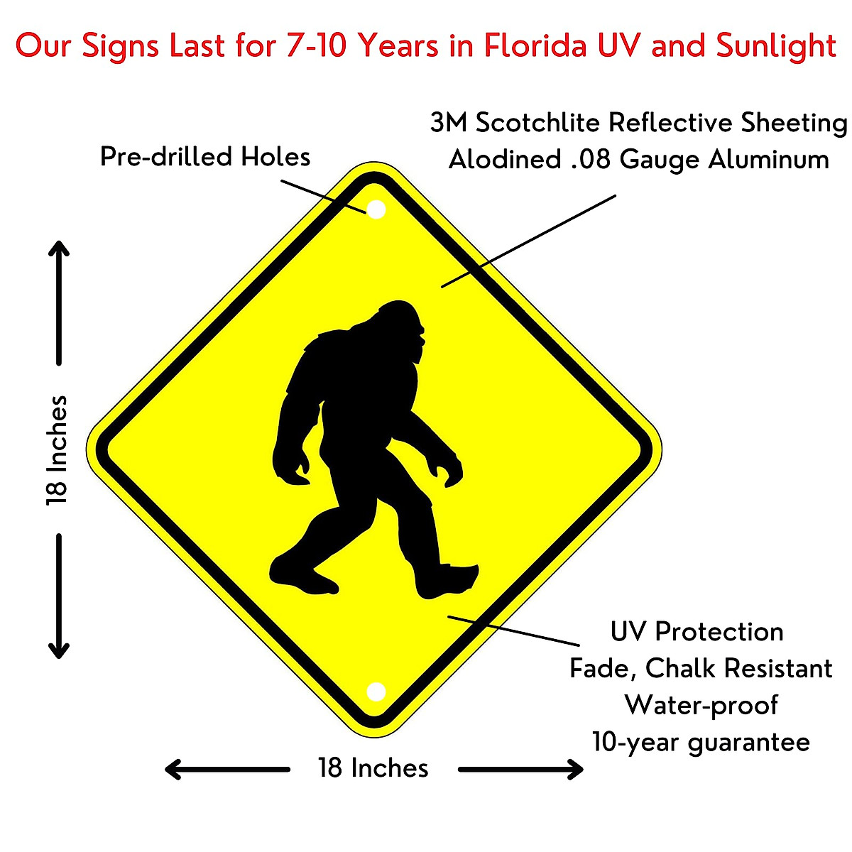 Bigfoot Crossing - 18 x 18 Sasquatch Warning Sign. 3M High Intensity Prismatic Reflective Sheeting. A Real Sign. 10 Years 3M Warranty.