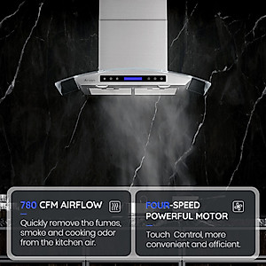 AROAN 30 inch Wall Mount Glass Range Hood, Stainless Steel Kitchen Chimney Vent Hood with 780 CFM & Four-Speed Touch Panel, 2pcs Adjustable LED, Tempered Glass Visor (PA03-30)