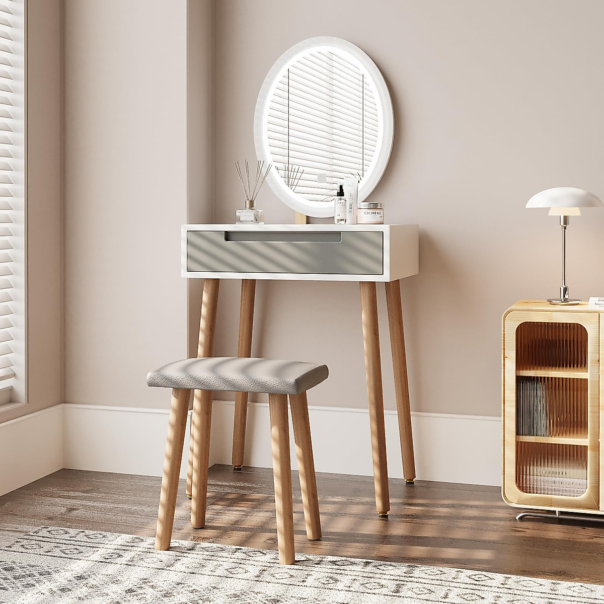 ARTETHYS Makeup Vanity Table Set with 3 Adjustable Lighted Mirror Small Vanity Desk with Drawer and Lights White Makeup Vanity Desk with Chair for Small Space Bedroom