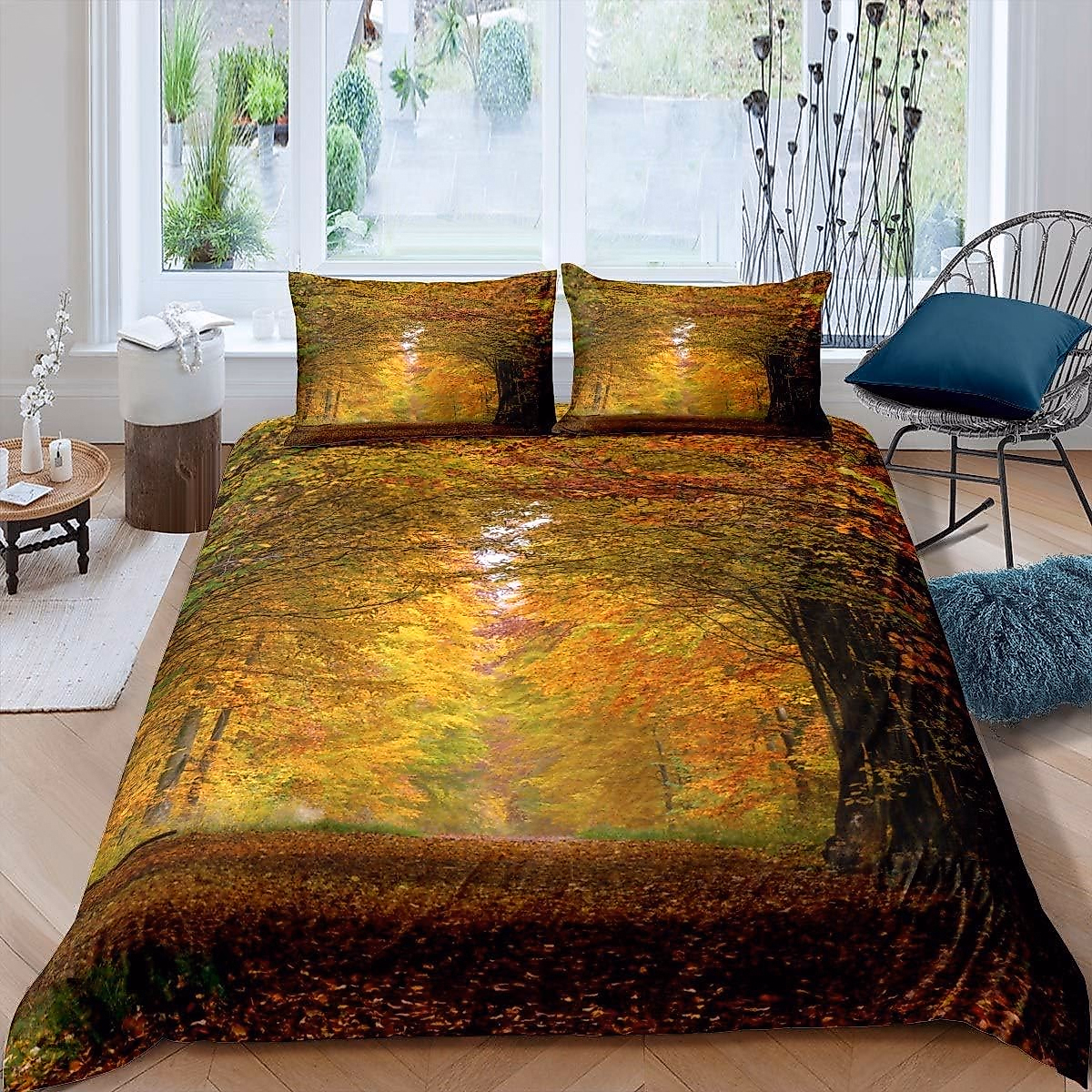 Autumn California King Duvet Cover Fall Tree View Bedding Set Soft Microfiber Comforter Cover with Zipper Closure, 3D Print Quilt Cover 104x98 Inches with 2 Pillow Shams 8496a