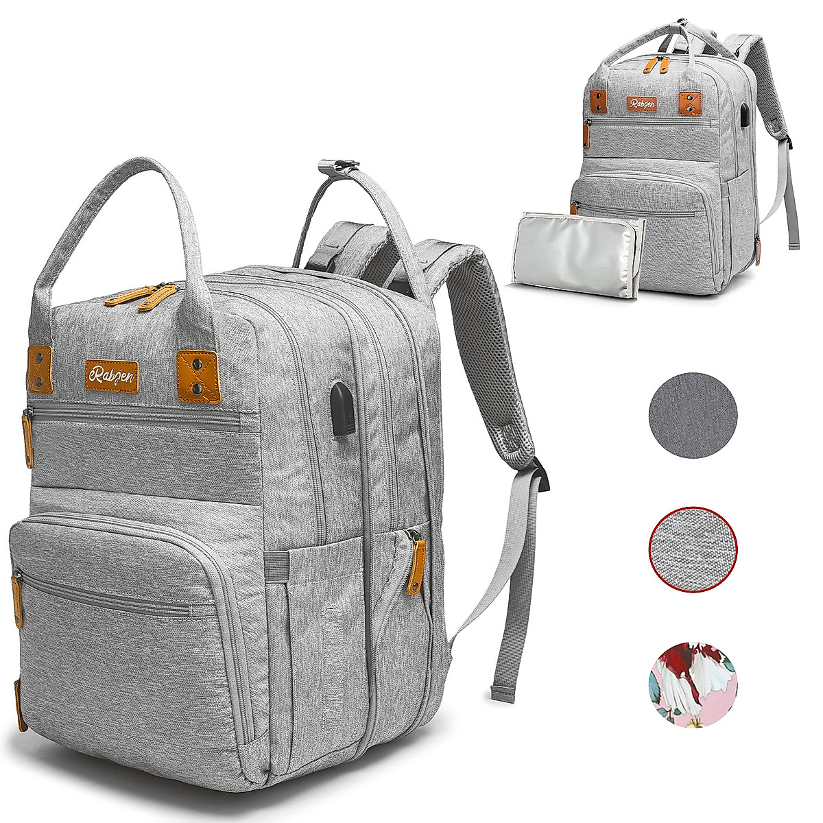 Rabjen Diaper Bag Backpack, Transformable Baby Bag, Spacious Enough for Twins' Stuff, Multifunction Back Pack, Gray
