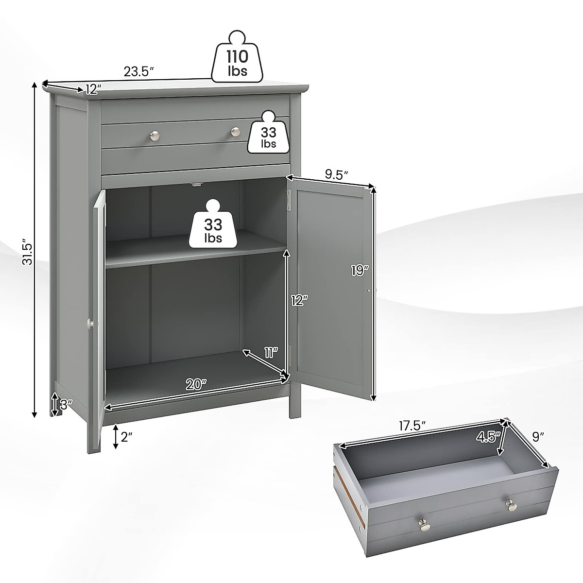 COSTWAY Bathroom Floor Cabinet, Wooden Side Storage Organizer w/Larger Drawer, Adjustable Shelf & 2-Door Cupboard, Freestanding Storage Cabinet for Living Room, Kitchen, Entryway (Grey)