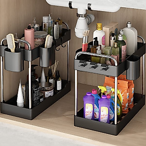 2 Pack Under Sink Organizer,2 Tier Under Sink Storage Organizer with Hooks and Hanging Cups for Bathroom,Kitchen Multi-Purpose Standing Rack Organizer,Bathroom Collection Baskets