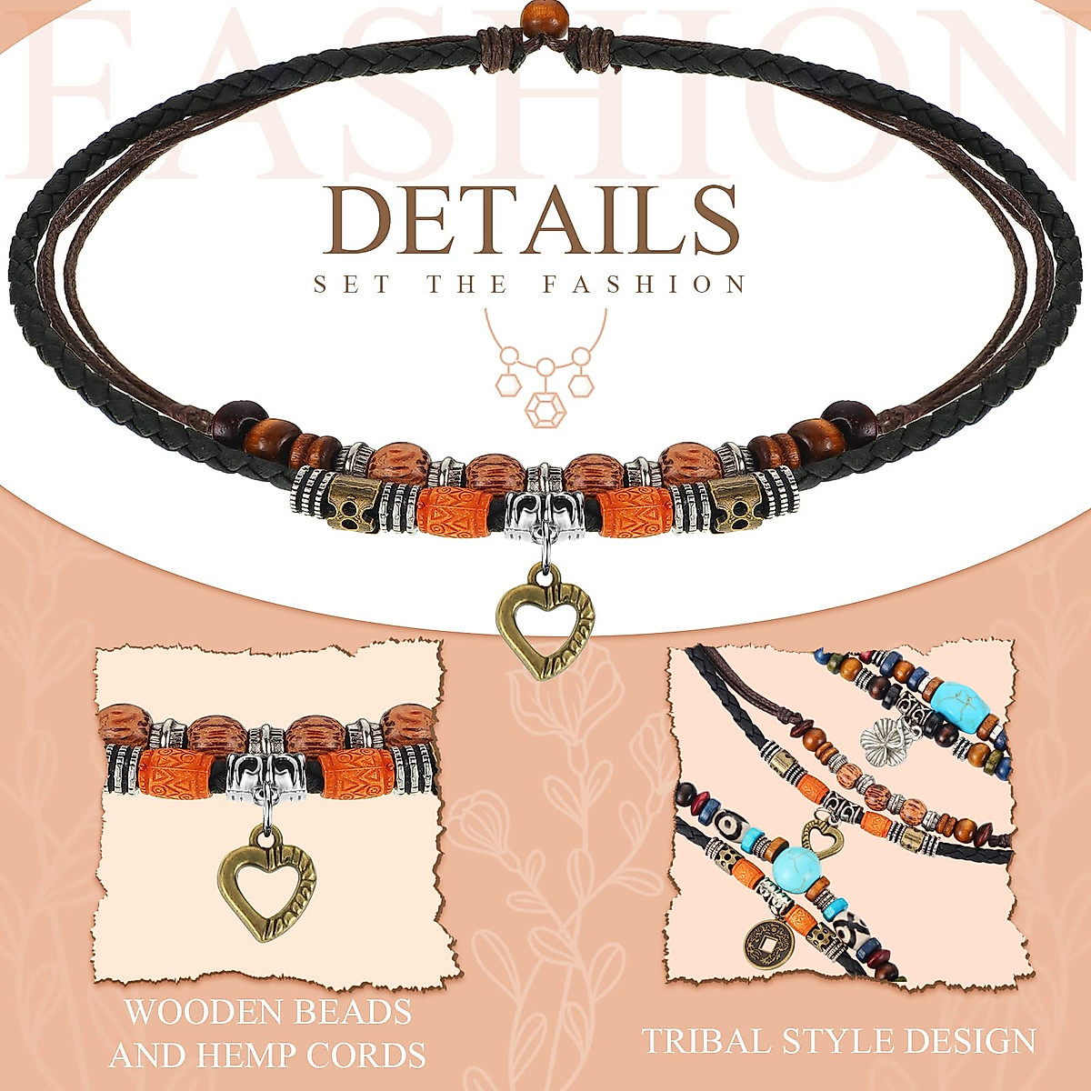 3 Pcs Western Layered Boho Wood Beads Choker Necklace Adjustable Vintage Leather Necklace Bead Choker Boho Jewelry for Women