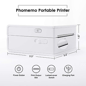 Phomemo M02 Pocket Printer- Mini Bluetooth Thermal Printer with 3 Rolls White Sticker Paper, Compatible with iOS + Android for Learning Assistance, Study Notes, Journal, Fun, Work，White