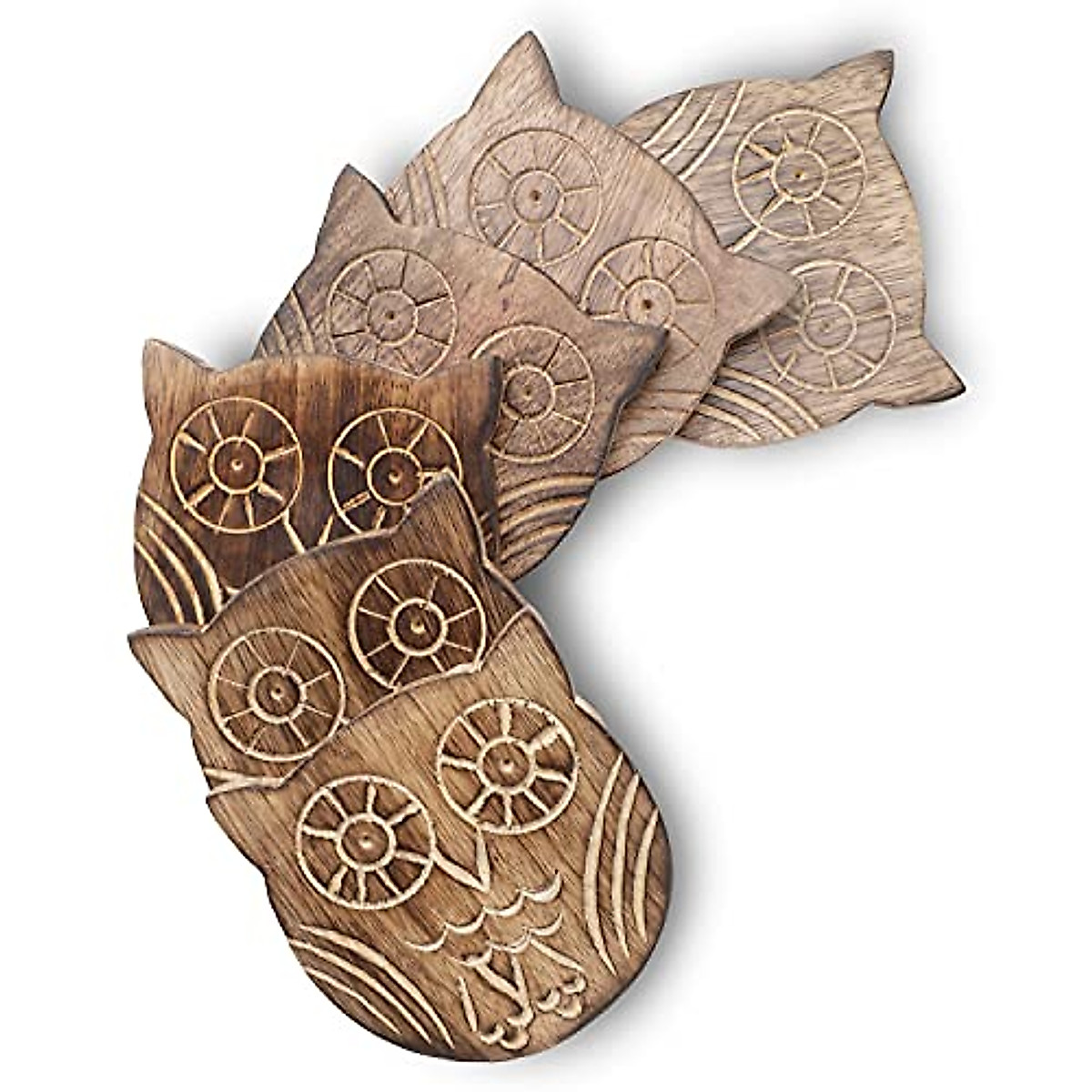 Drink coasters set of 6 with holder – Handmade Wooden coasters for Coffee, Tea, Mugs, Cups, Wine Glasses – Housewarming gift - Premium quality (Owl Design)