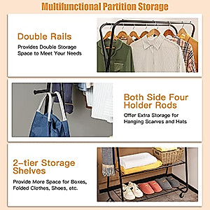 Tangkula Heavy Duty Clothes Rack with Shelves, Double Rod Rolling Garment Rack on Wheels with 4 Hooks, Portable Hanging Clothes Rack for Organizing Clothes and Shoes, Freestanding Clothing Racks