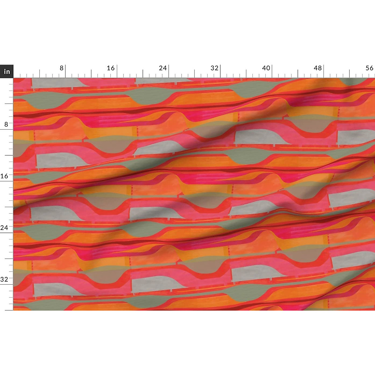 Spoonflower Fabric - Mid Century Corals Red Orange Coral Gray Modern Art Abstract Sunset Printed on Denim Fabric by The Yard - Bottomweight Apparel Home Decor Upholstery