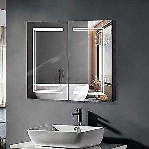 FCH Bathroom Medicine Cabinet with Dimmable LED Mirror, 32"×28" Anti-Fog LED Lighted Mirror Bathroom Cabinet Wall Mounted with 2 Outlets 2 USB Ports 2 Inside and Outside Mirror Doors