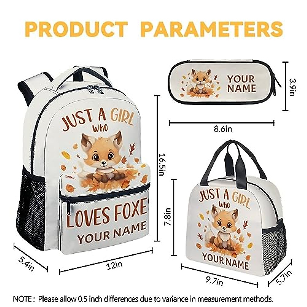 FUZZYFIT Personalized Fox Backpack with Lunch Box Set for Kids, 3 in 1 School Backpacks Matching Combo, Custom Cute Light Orange Bookbag and Pencil Case Bundle