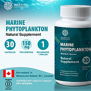 MARPHYL Marine Phytoplankton Wild Multi Species Natural Supplement - 150 mg per capsule - organic - 30 vegan capsules - from Vancouver Island, Canada