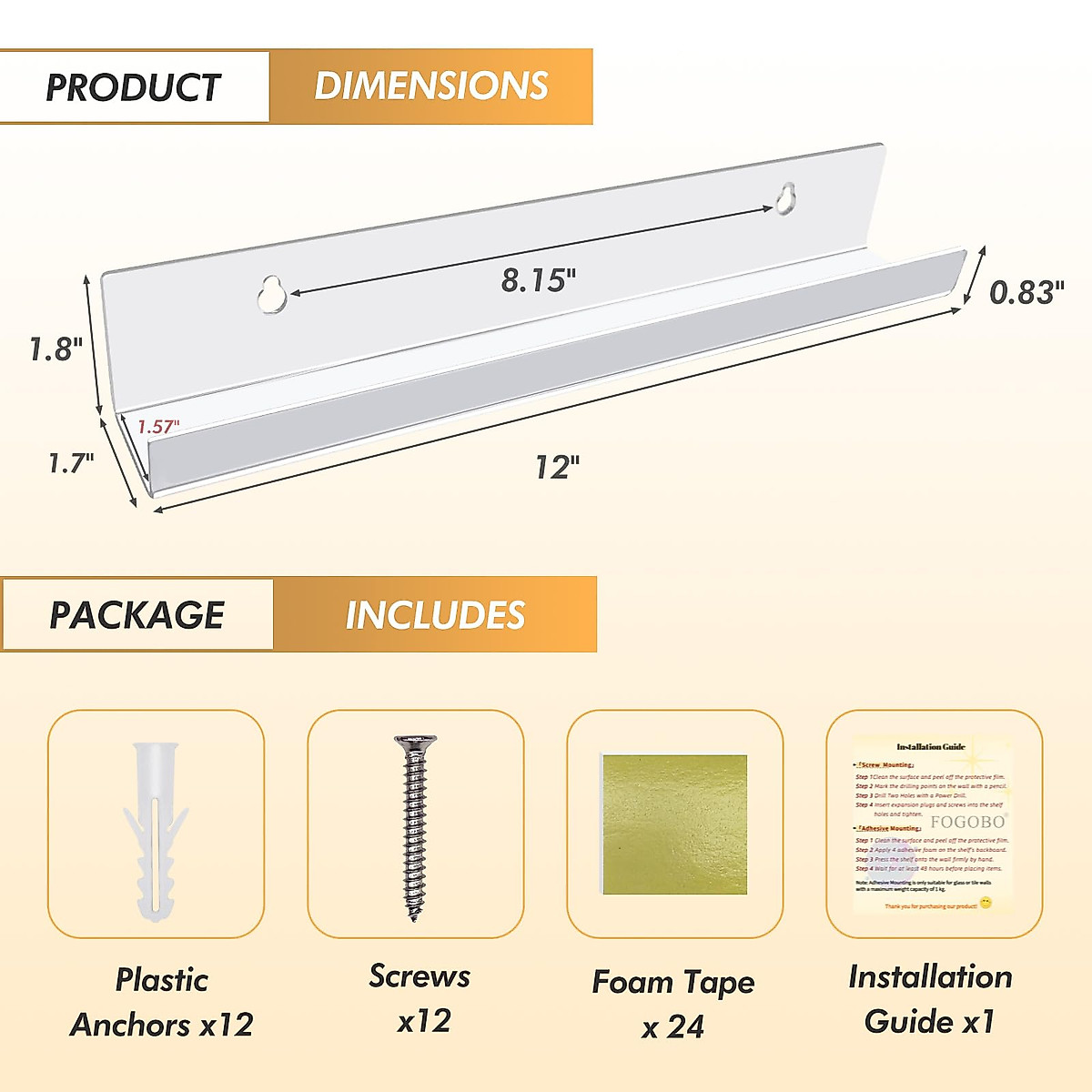FOGOBO Vinyl Record Shelf Wall Mount, 6 Pack 12’’ Clear Acrylic Album Record Holder Display, Kids Bookshelf, Floating Wall Shelves for Bathroom, Bedroom, Living Room, Kitchen,Office