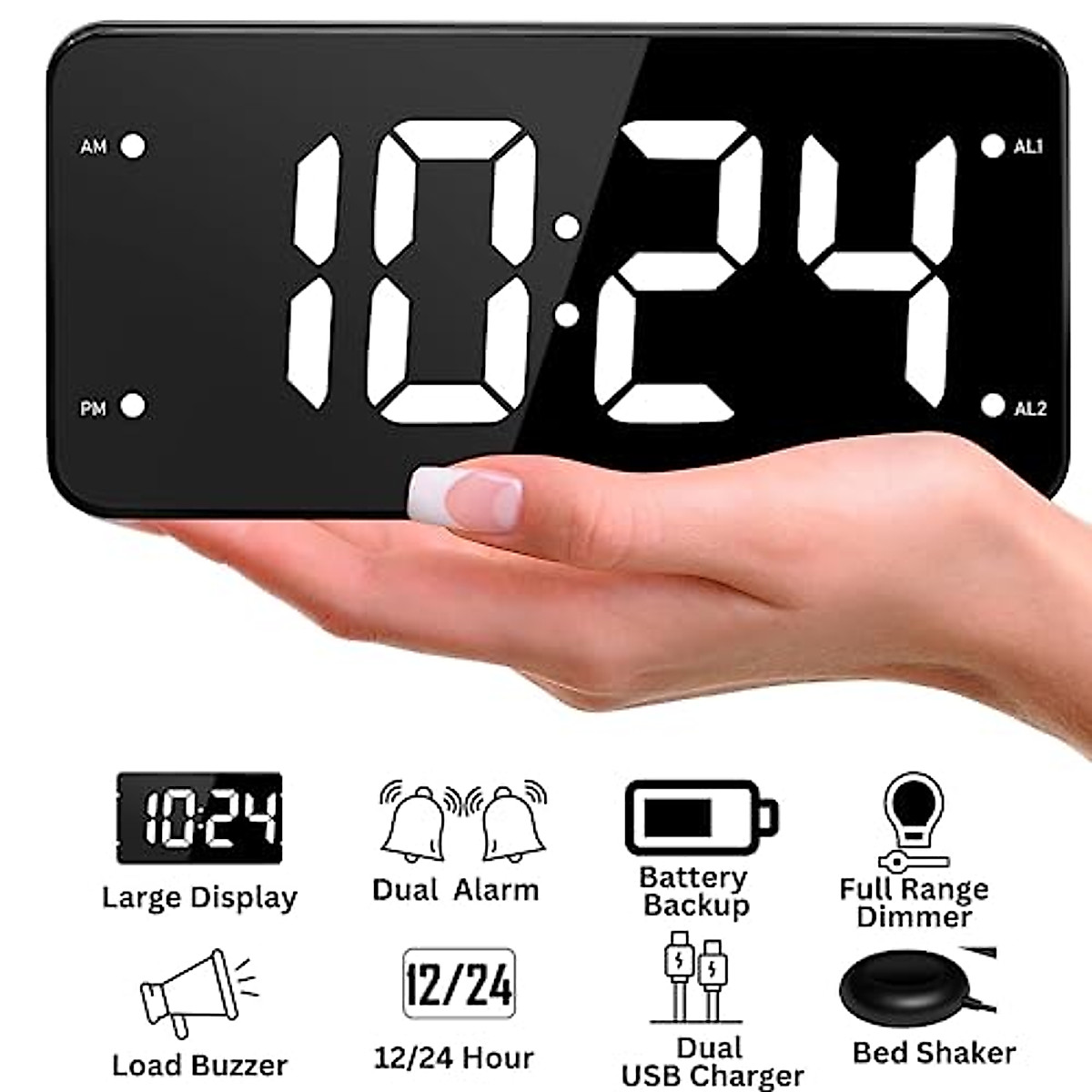 Digital Loud Alarm Clock for Heavy Sleepers Adults with Bed Shaker - Ideal for Hearing Impaired People - Dual Alarm Settings & 2 USB Charger - 7 Inch Display (Black with White Digit)