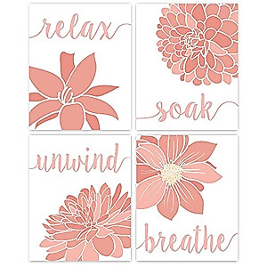 Relax Soak Unwind Breathe Pink White Blend Bath Flowers Prints, 4 (8x10) Unframed Photos, Wall Art Decor Gifts Under 20 for Home Office Studio College Student Teacher Floral Garden Yoga Inspired Fans