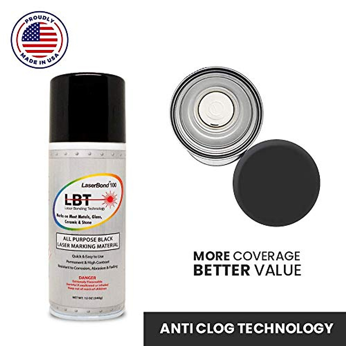 LaserBond Aerosol Black Laser Marking Spray 100 (12 oz), (2 Pack) Works with All Laser Engravers, Printers | CO2, Fiber & YAG Laser | LBT 100 Permanently Marks on Most Metals, Glass & Ceramic
