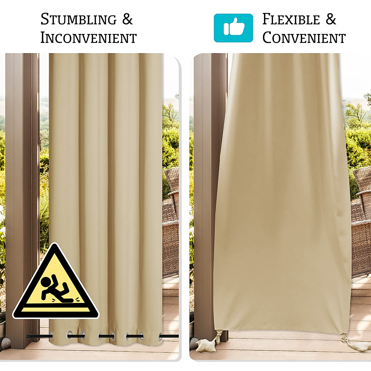 RYB HOME Blackout Curtains Windproof - Weighted Bags Attached, 84 inches Long, Waterproof Thermal Indoor Outdoor for Pool Shower Bedroom Patio, 2 Pcs, W 52 x L 84, Beige