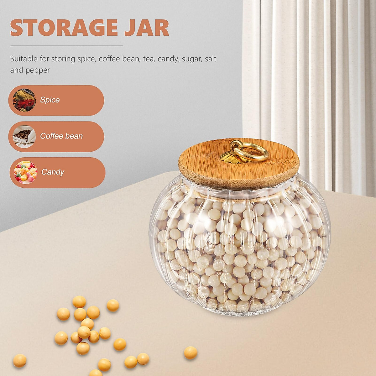 Abaodam 800ml Pumpkin Shaped Glass Food Jar Food Storage Jar with Wood Lid Kitchen Canister Storage Jar for Coffee Beans Nuts Candy Tea Snack