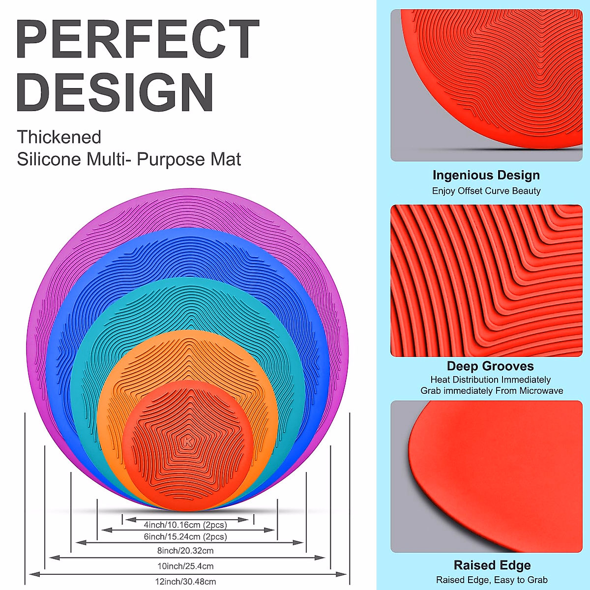 KooMall 12 10 8 6 4 Inch Multi-Purpose Microwave Mat, as Trivet, Pot Holders, Food Cover, Cup Lids, Drying, Place Mat, Utensils Rest, Heat Pad for Hot Pot Pans Bowls Plates Dishes Kitchen Counter