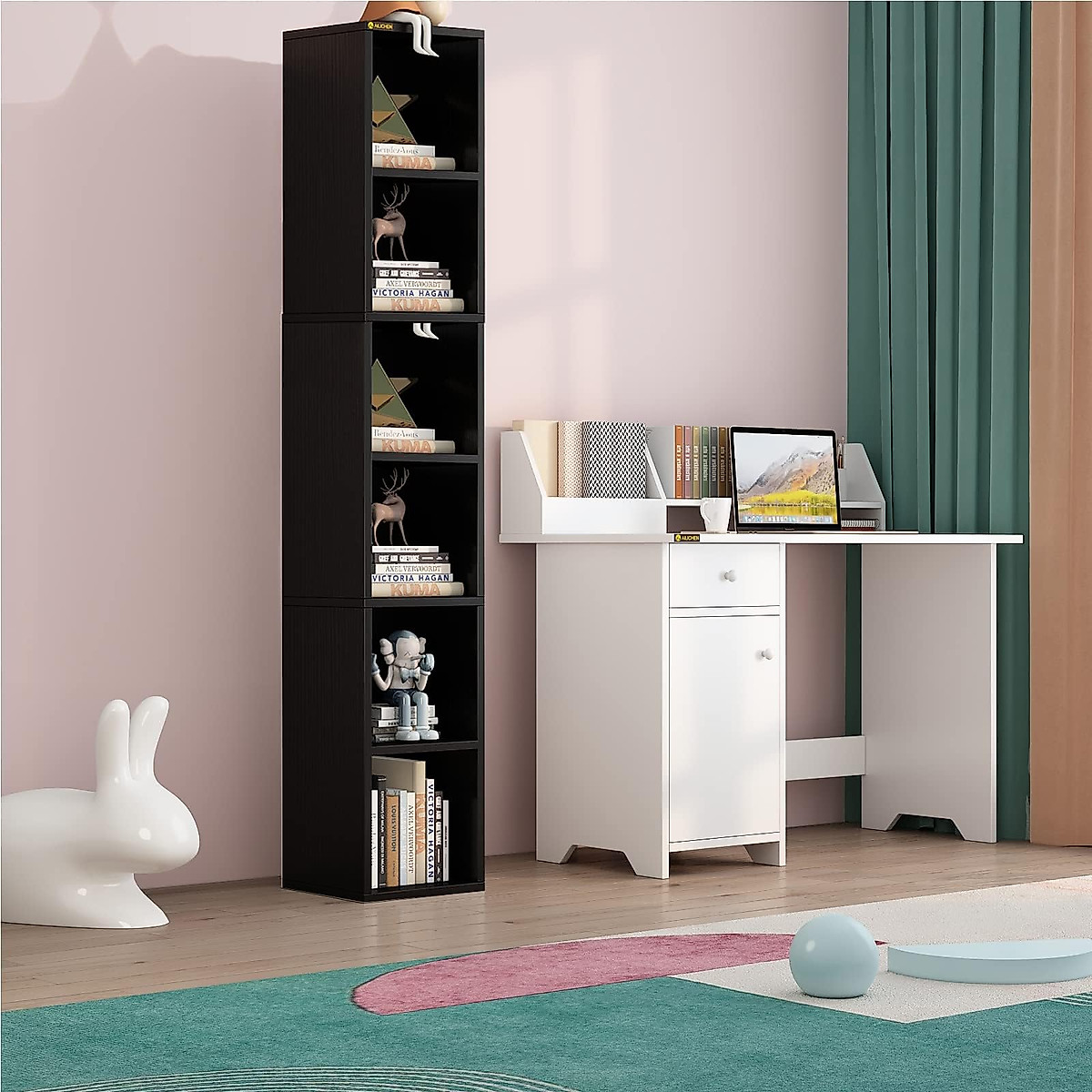 YQ JENMW 68.5 Inches Small Tall Narrow Corner Bookshelf, 6 Shelf Cubby Storage Organizer for Small Spaces, Freestanding Storage Cabinet for Bedroom Library Living Room Home Office, Black