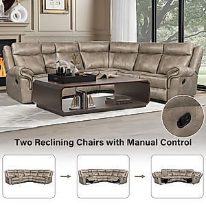 Yoglad Manual L-Shaped Reclining Sofa - Palomino Fabric Sectional Couch with 2 Cup Holders, USB Ports, Hidden Storage, 2 Power Sockets, for Living Room Apartment RV Theater (Light Brown)