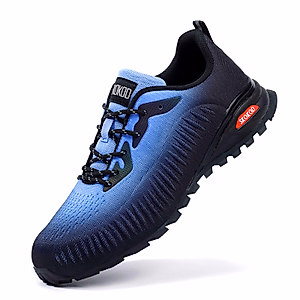 SKOKOD Steel Toe Shoes for Men Slip On Resistant Puncture Proof Safety Shoes Lightweight Breathable Tennis Warehouse Work Shoes（Black Blue 7.5）