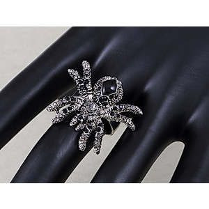 Alilang Women's Gunmetal Black Crystal Rheinstone Tarantula Spider Halloween Costume Adjustable Ring