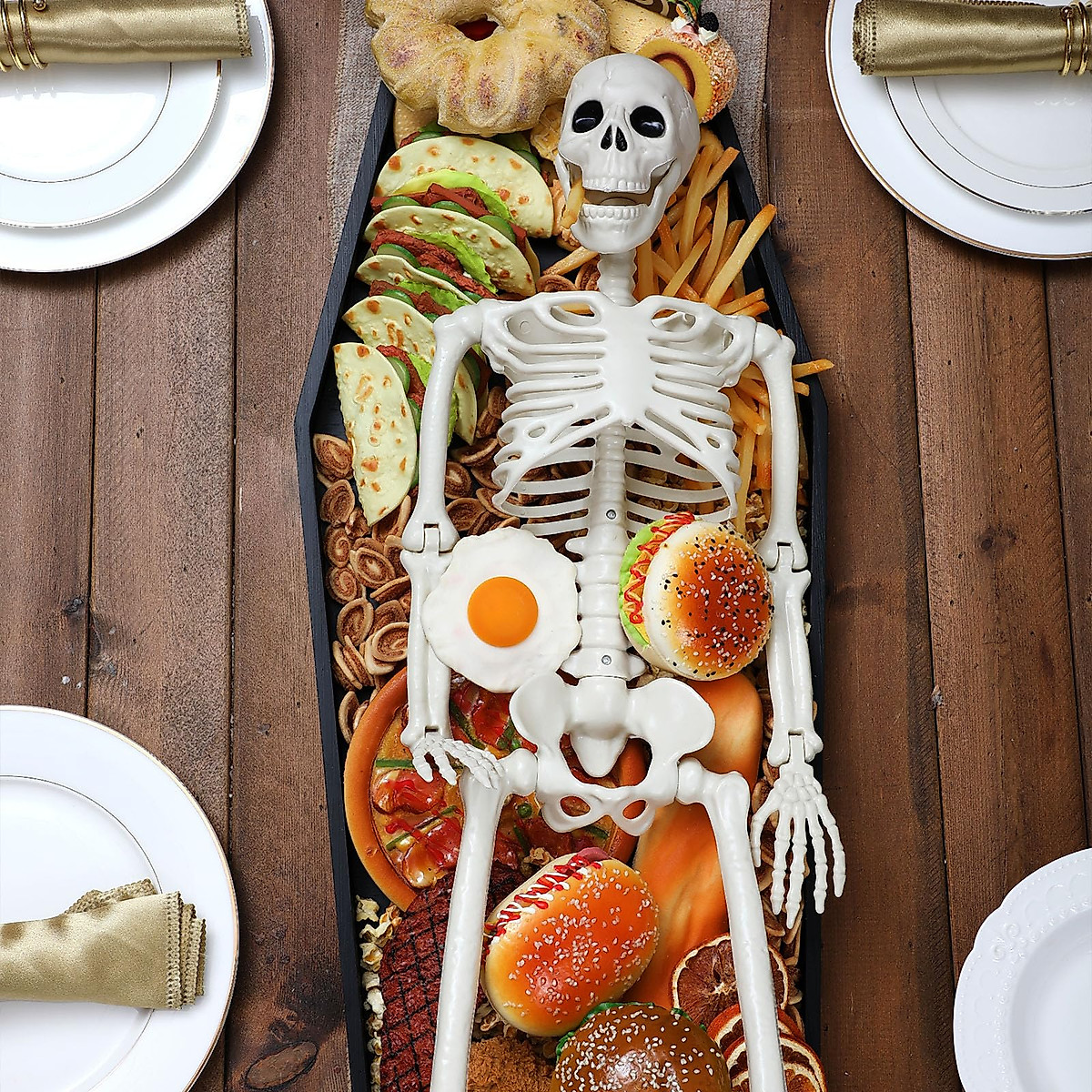 Seeloowy 32'' Halloween Coffin Charcuterie Board with 36" Skeleton Extra Large Wooden Coffin Serving Tray Board 3 ft Skeleton Spooky Gothic Home Decor for Halloween Party Gothic Accessories