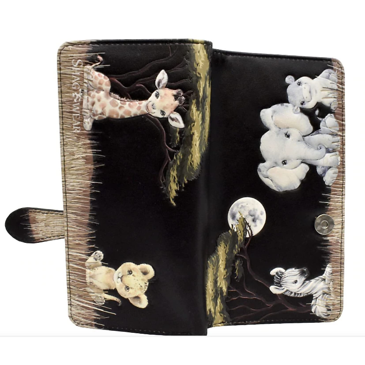 Shag Wear Babies of Africa Large Animal Safari Wallet for Women and Teen Girls Vegan Faux Leather 7" Black