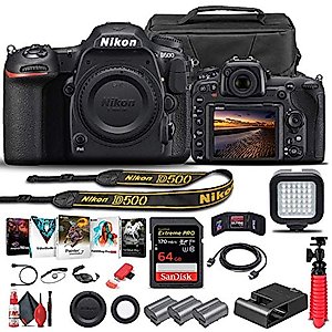 Nikon D500 DSLR Camera (Body Only) (1559) + 64GB Memory Card + Case + Corel Photo Software + 2 x EN-EL 15 Battery + Card Reader + LED Light + HDMI Cable + Cleaning Set + Flex Tripod + More (Renewed)