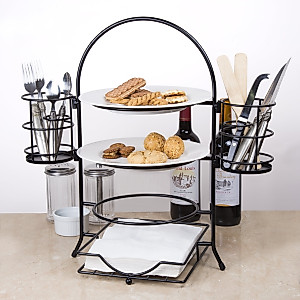 Creative Home 3-Tier Plate Rack Napkin Holder Buffet Caddy Storage Organizer with Removable Flatware Utensil Holder, Black
