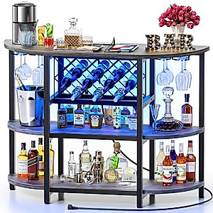 Zarler Bar Table Cabinet with Power Outlet, LED Home Mini Bar for Liquor and Glasses, Metal Wine Bar Stand with 4-Tier Storage, Grey