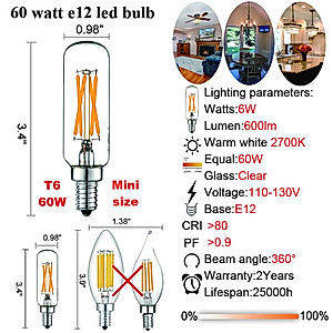 LiteHistory LED Bulb Dimmable 6W Equal Warm White 2700K T6 T25 E12 Candelabra Bulb 60 watt for Chandeliers,Ceiling Fan,Pendant,Wall sconces AC120V 600LM e12 Light Bulb 6Pack