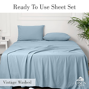 Linen Home Washed Cotton Percale Full Sheet Set, Baby Blue, Preshrunk, 4 Pieces Sets - 1 Flat, 1 Deep Pocket Fitted Sheet & 2 Envelope Closure Pillowcases, Cool and Comfortable Bed Linen