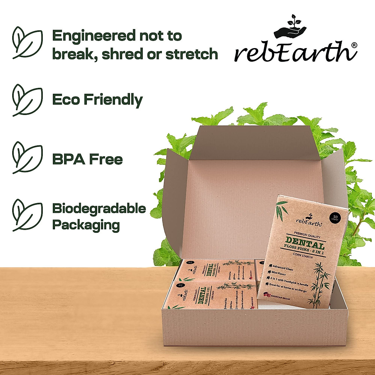 rebEarth Natural Dental Floss Picks - Oral Care Dental Pick w/Mint Flavored Toothpicks, 2-in-1 Natural Floss & Toothpicks, Plant-Based Dental Flossers, Tooth Floss Picks w/Tongue Cleaner (200 Count)