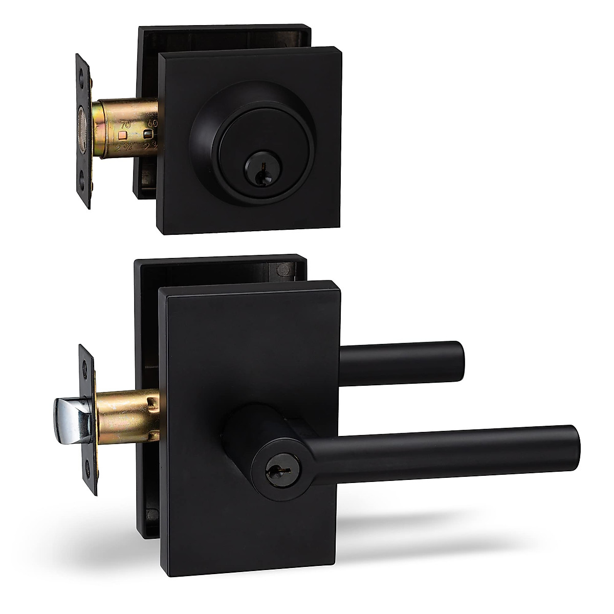 Berlin Modisch Entry Lever Door Handle and Single Cylinder Deadbolt Lock and Key Designer Series Locking Lever Handle Set [Front Door or Office] Right & Left Sided Doors Heavy Duty – Iron Black Finish