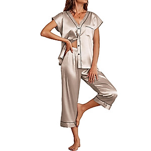 Ekouaer Satin Pajama Set Womens Short Sleeve V Neck Silky Shirt with Capri Pants Button Down PJs Soft Silky Loungewear Champagne L
