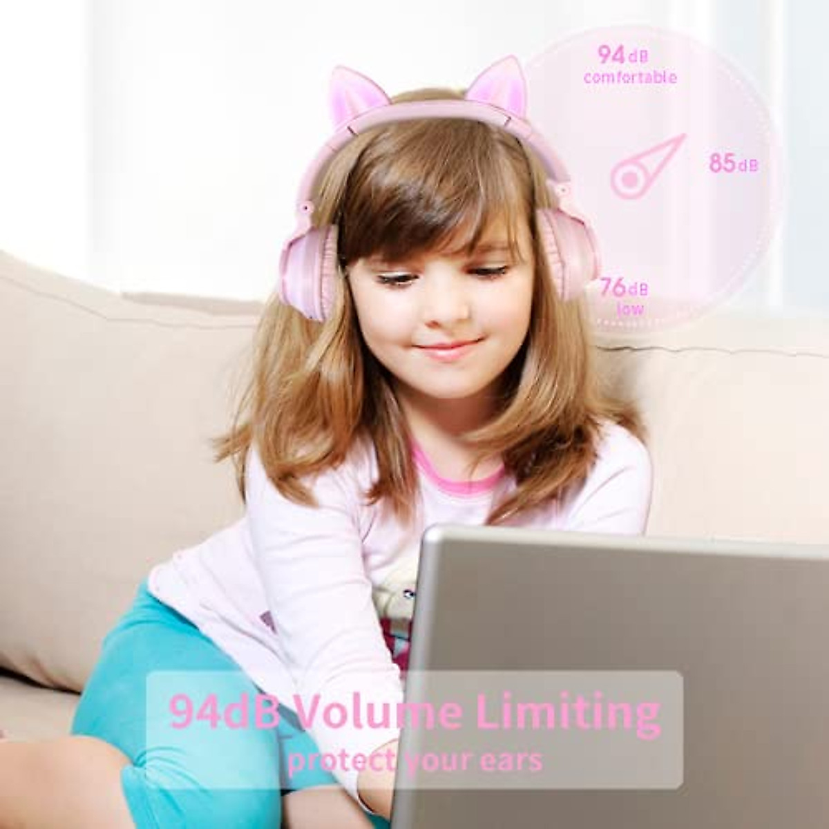 YUSONIC Cat Ear Bluetooth Headphones,Toddlers Kids Wireless Headphones for Boys Girls Amazon Fire Tablet/Laptop/iPad/School (Purple)