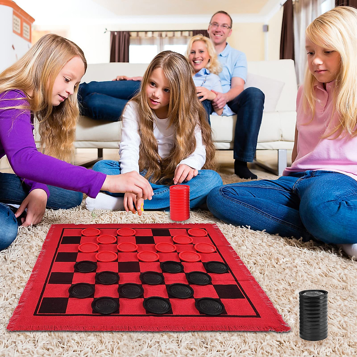 Giant Checkers Board Games, 3 in 1 Tic Tac Toe Board Game with 24 Checker Pieces Reversible Rug - Indoor and Outdoor Games for Family & Party -Gift Ideas for Teen Boys, Kids, Adults