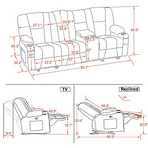 MCombo Power Reclining Sofa with Heat and Vibration,USB Ports, Cup Holders,3-Seat Dual Recliner Sofa with Console for Living Room 6035 (Grey)