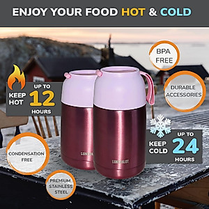 LUNCHALOT Insulated Food Jar for Hot Food in a Bag - 15 & 21 Oz Soup Lunch Box Container for Adults Vacuum Stainless Steel Jar & Foldable Spoons - Pink Wide Mouth Flask for Work Travel