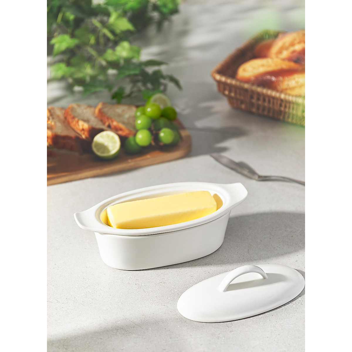 Large Butter Dish with Lid - Airtight Butter Keeper Container Holds Up to 2 Sticks of Butter - Porcelain Container with Beech Wooden Lid, White, Better Butter & Beyond