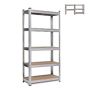 Timati Reversible Metal 5-Tier Adjustable Storage Shelving with Foot Pads, Heavy Duty Garage Shelving for Warehouse, Basement, Kitchen- Silver